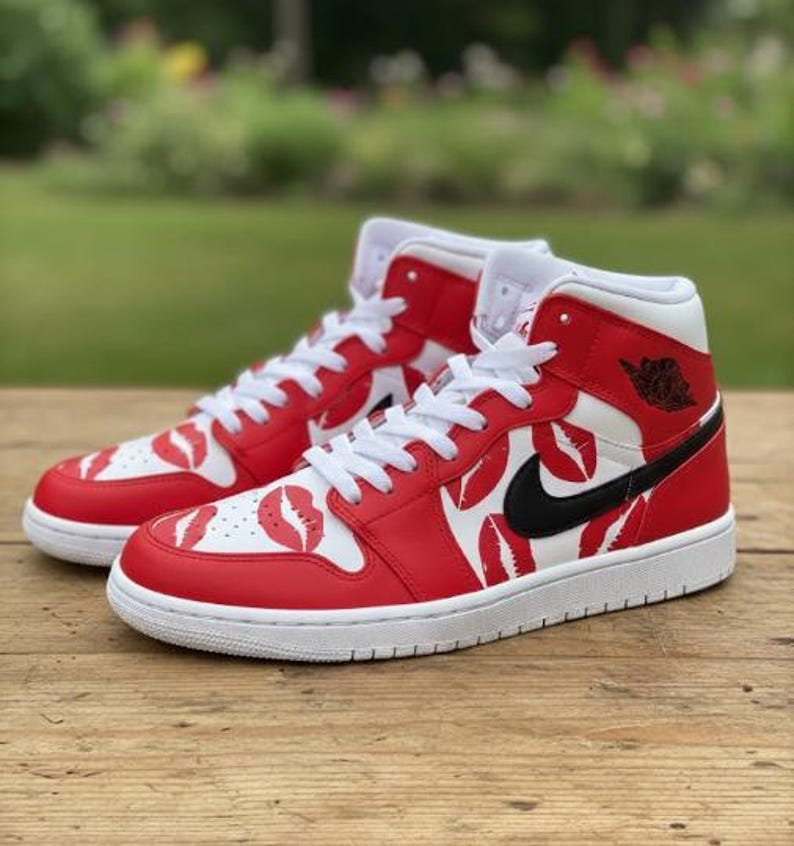 Custom Jordan 1s Valentine Day Jordan 1s - Red Kiss Print Jordan 1s ...