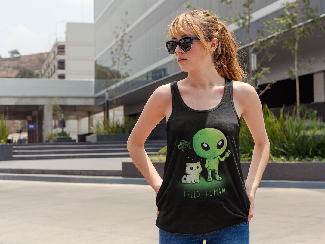 Cute Alien Kitty Greeting Racer Back Tank Top Dark Alien Ufo Cat Kitten ...