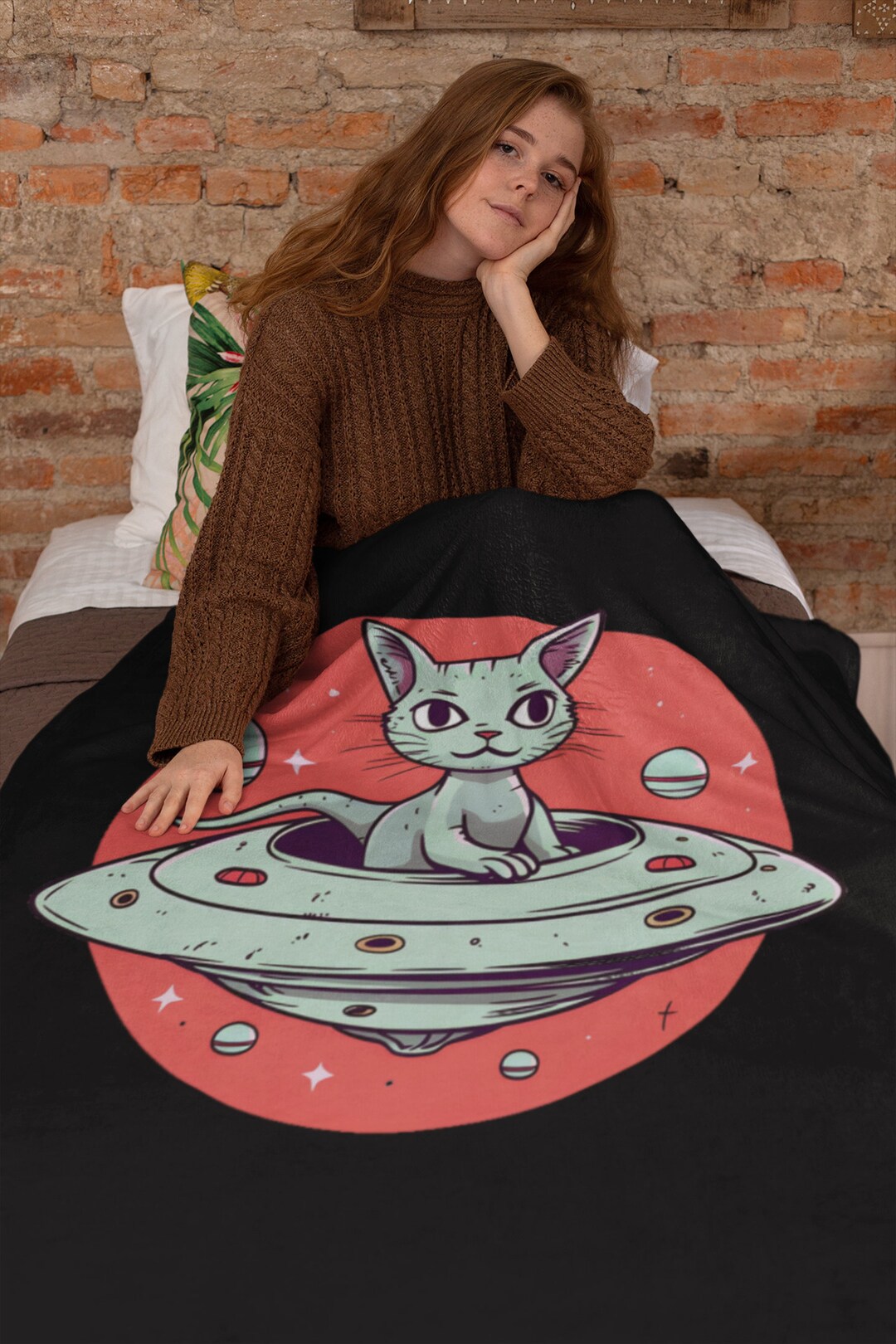 Ufo Space Kitty Sherpa Fleece Blanket Dark Alien Cat Spaceship Ufo ...