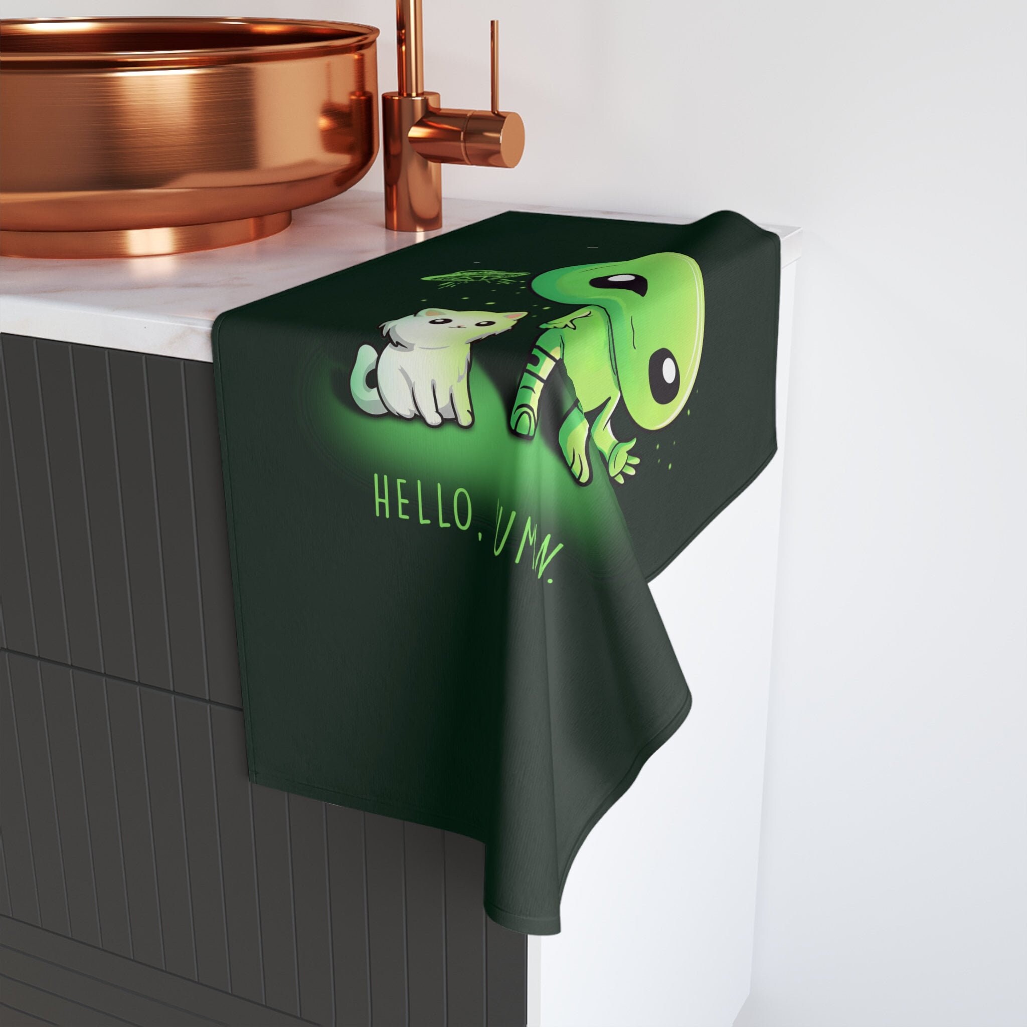 Cute Alien Kitty Greeting Hand Towel Dark Alien UFO Cat Kitten UFO ...