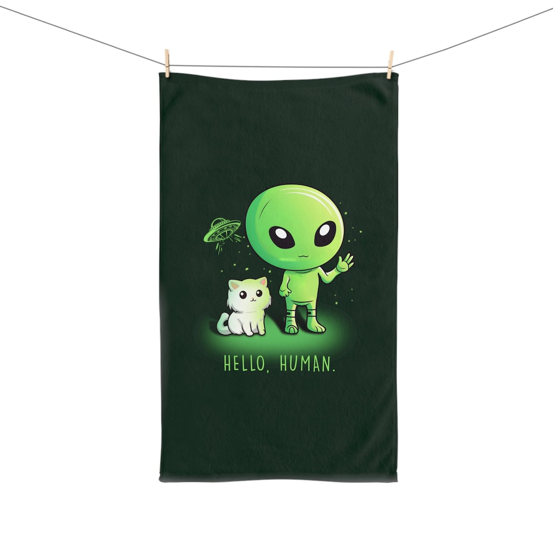 Cute Alien Kitty Greeting Hand Towel Dark Alien UFO Cat Kitten UFO ...