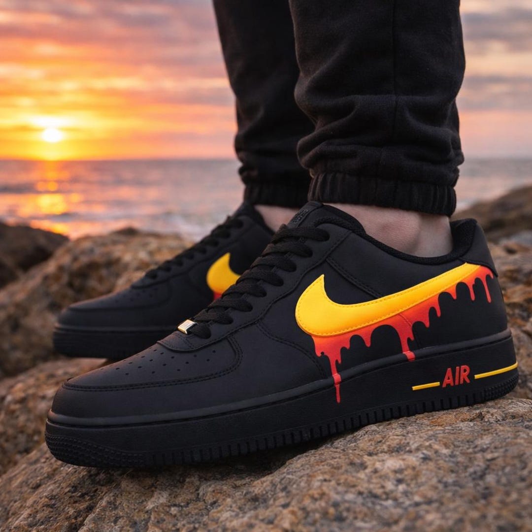 Air Force 1s Custom Black Flame Drip Sneakers, Fire Swoosh Shoes ...