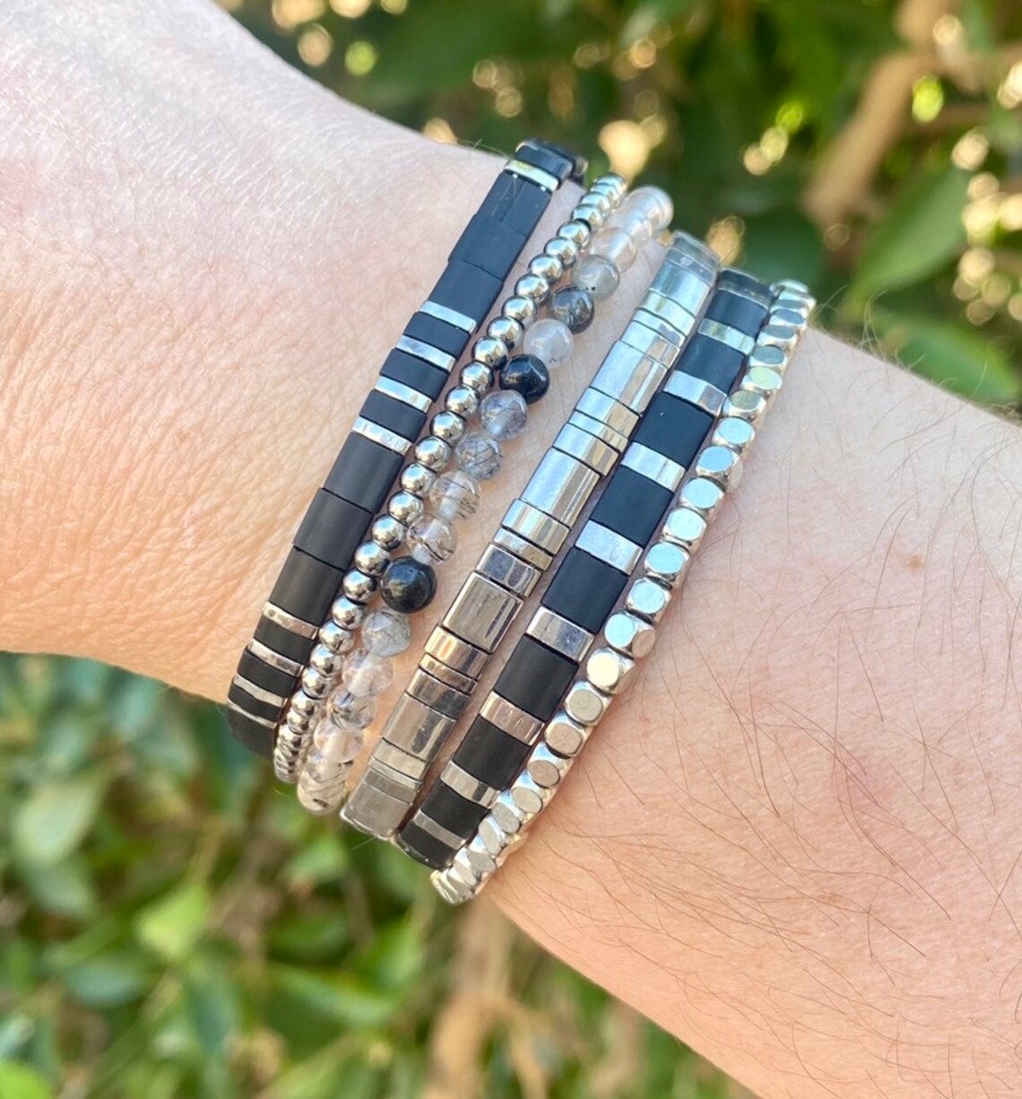 Silver Plated Miyuki Tila Stretch Bracelet Boho Japanese Glass Tile ...