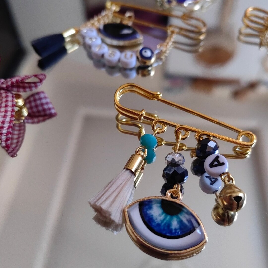 Turkish Evil Eye Safety Pin, Evil Eye Jewelry, Golden Evil Eye Pin ...