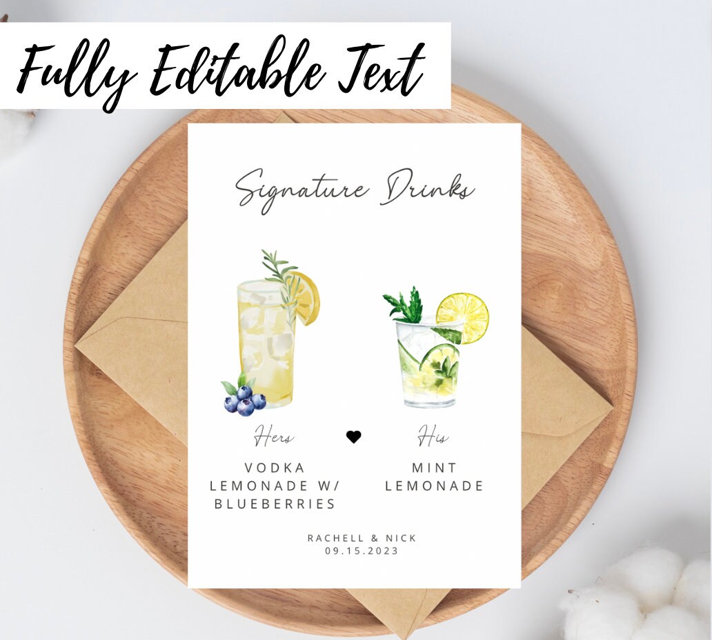 EDITABLE Watercolor Vodka W/ Lemonade Signature Drink Sign modern ...