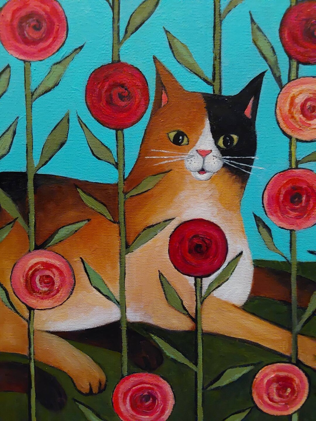 This is a 20"w X 16"h Original Folk Art Oil Painting Titled Calico ...