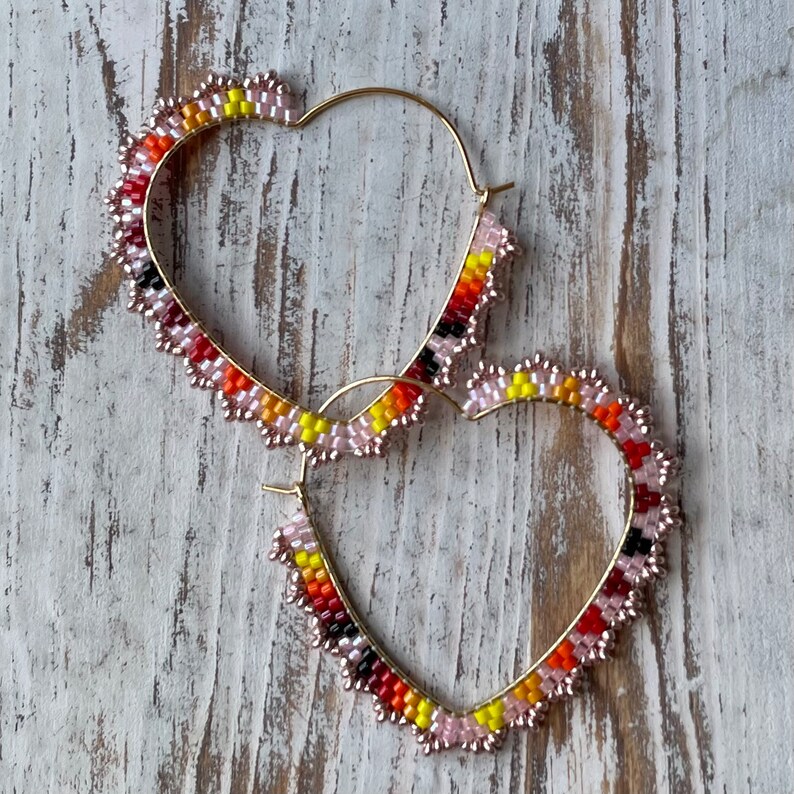 Native American | Indigenous |heart Hoop Earrings | Beaded Hoop ...