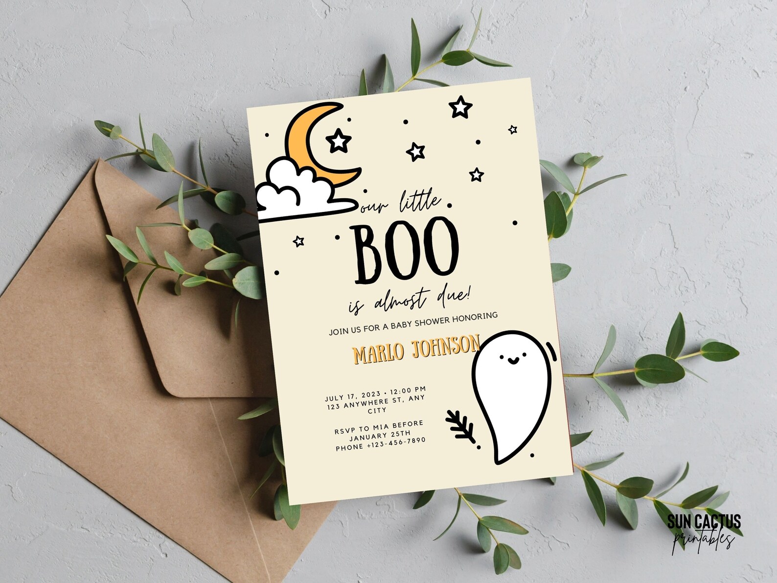 A Little Boo is Almost Due Yellow Baby Shower Invitation Template ...