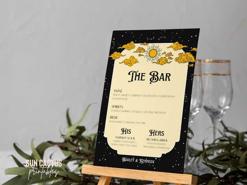 Bar Menu Celestial Wedding Bar Menu Sign Template, Sun, Moon, Stars ...