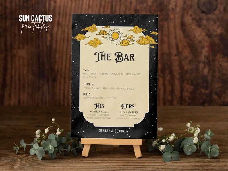 Bar Menu Celestial Wedding Bar Menu Sign Template, Sun, Moon, Stars ...