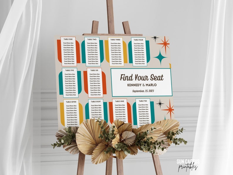 Retro Seating Chart Template up to 10 Tables, Vintage Style, Midcentury ...