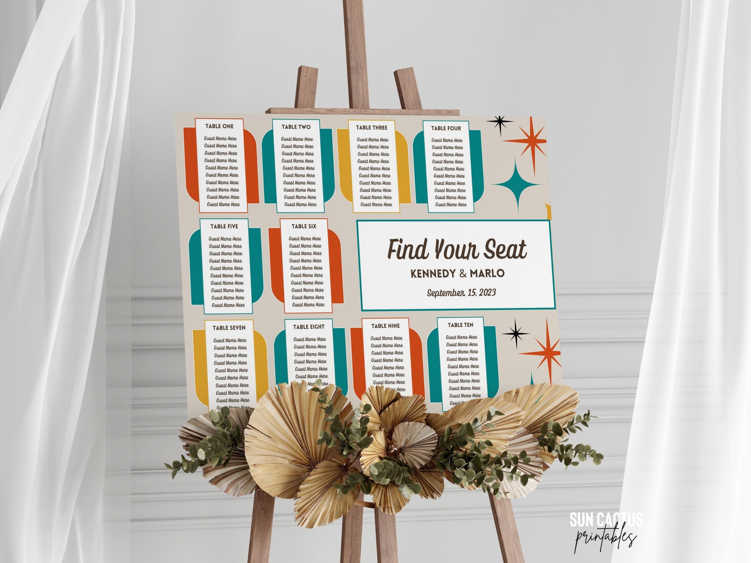 Retro Seating Chart Template up to 10 Tables, Vintage Style, Midcentury ...