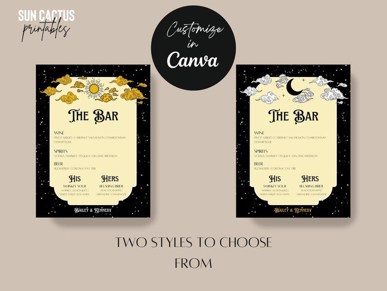 Bar Menu Celestial Wedding Bar Menu Sign Template, Sun, Moon, Stars ...