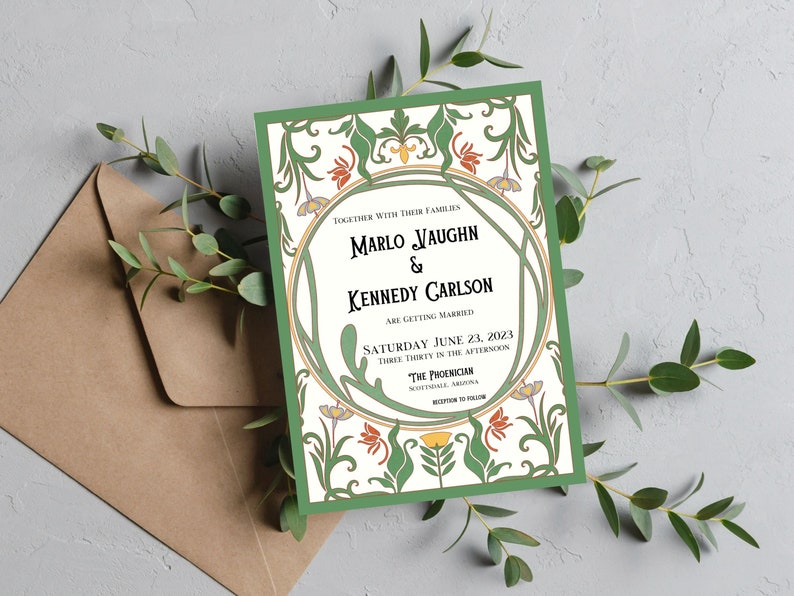 Art Nouveau Floral Wedding Invitation Template Wedding - Etsy