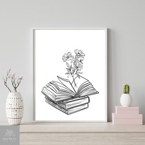 Book and Flower Line Art Print: Botanical Reading Decor (digital ...