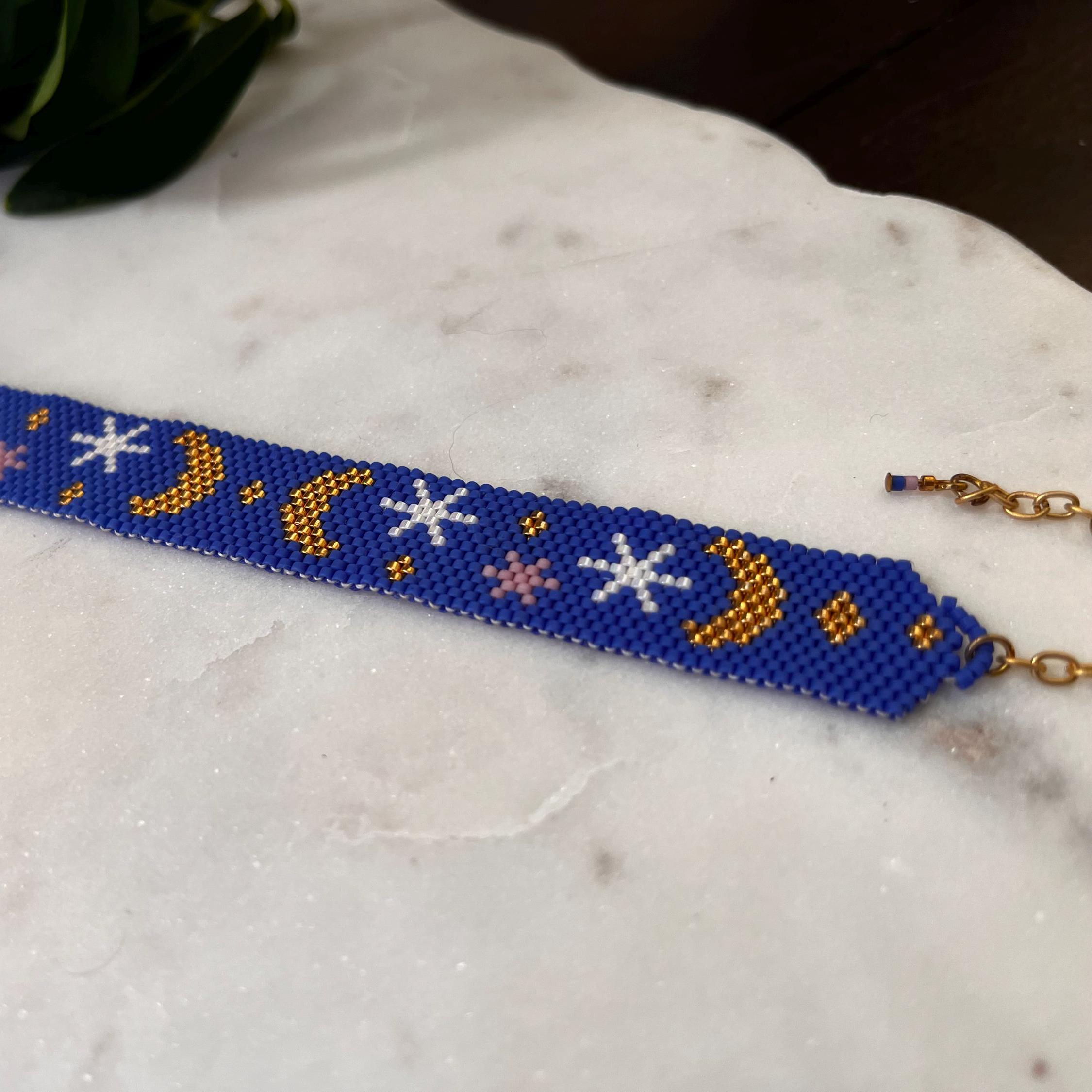 Crescent Moon and Star Beaded Bracelet, Handwoven Celestial Bracelet - Etsy