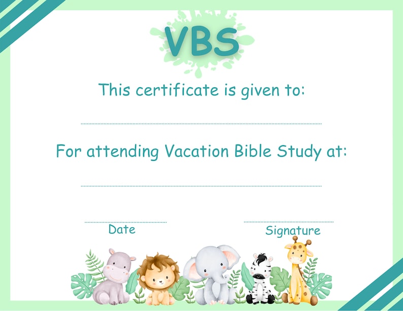 Vacation Bible School Certificate, Jungle Vbs Certificate, Animal Vbs ...