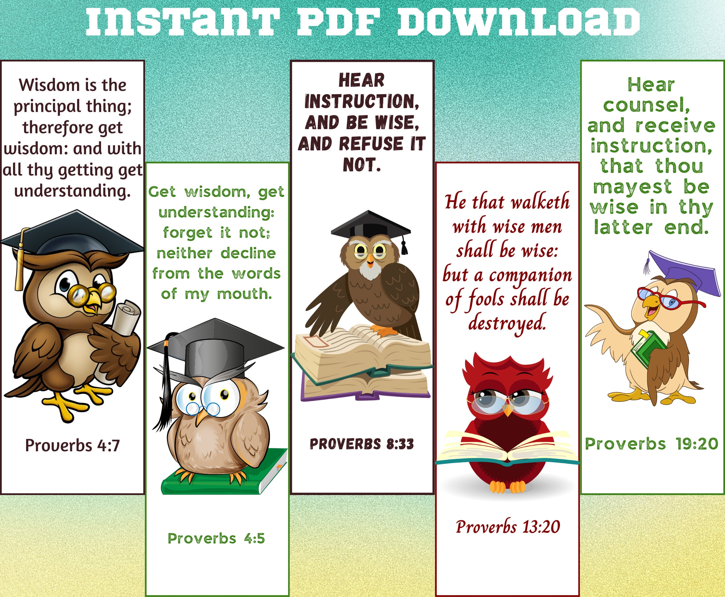 Wise Owl Bookmarks, Scripture Cards, Christian Bookmark Printable ...