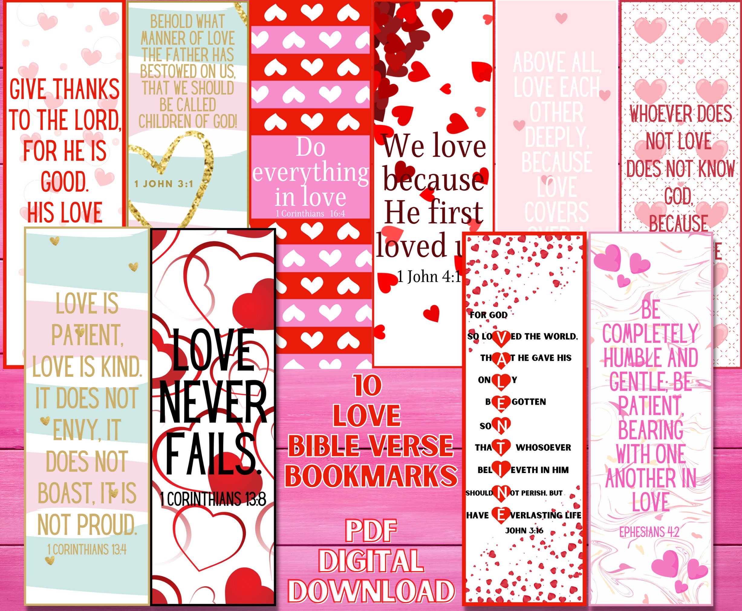 10 Love Bible Verse Bookmark Set, Christian Gift Tags, Digital Bookmark ...