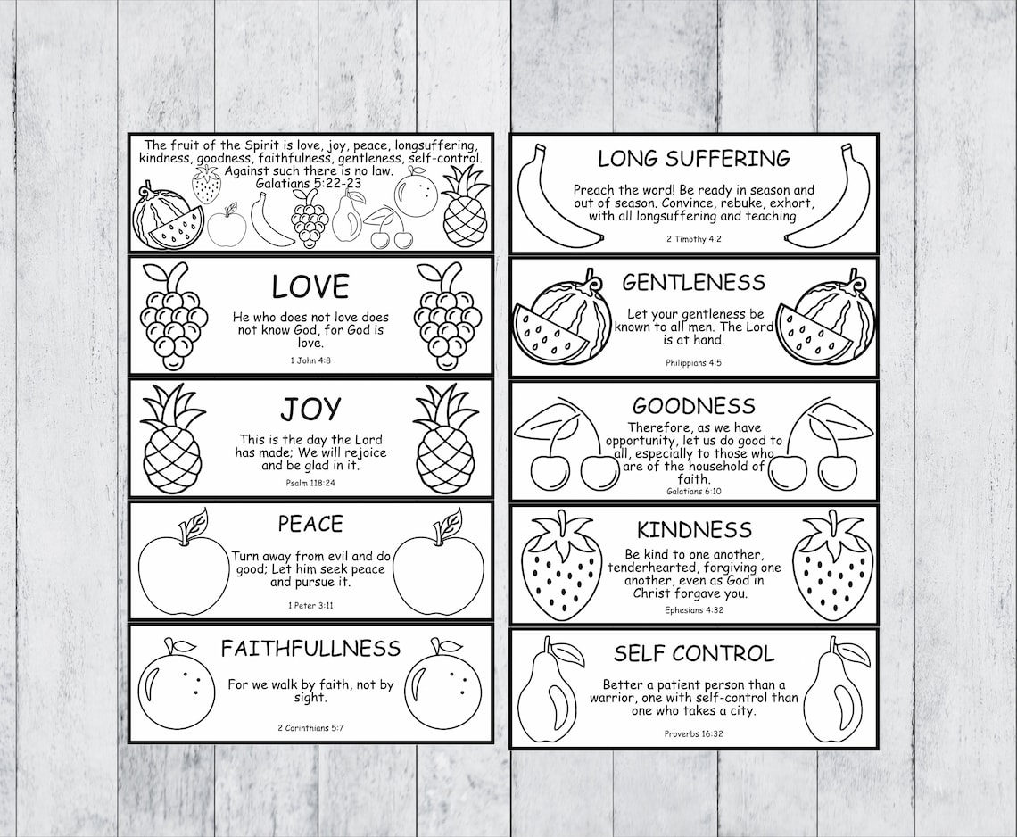 Fruit of the Spirit, Kids Coloring Pages, Bible Verse Bookmark, Sunday ...
