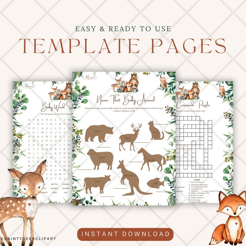 Woodland Animals Baby Shower Game Bundle, Digital Template, Forest ...