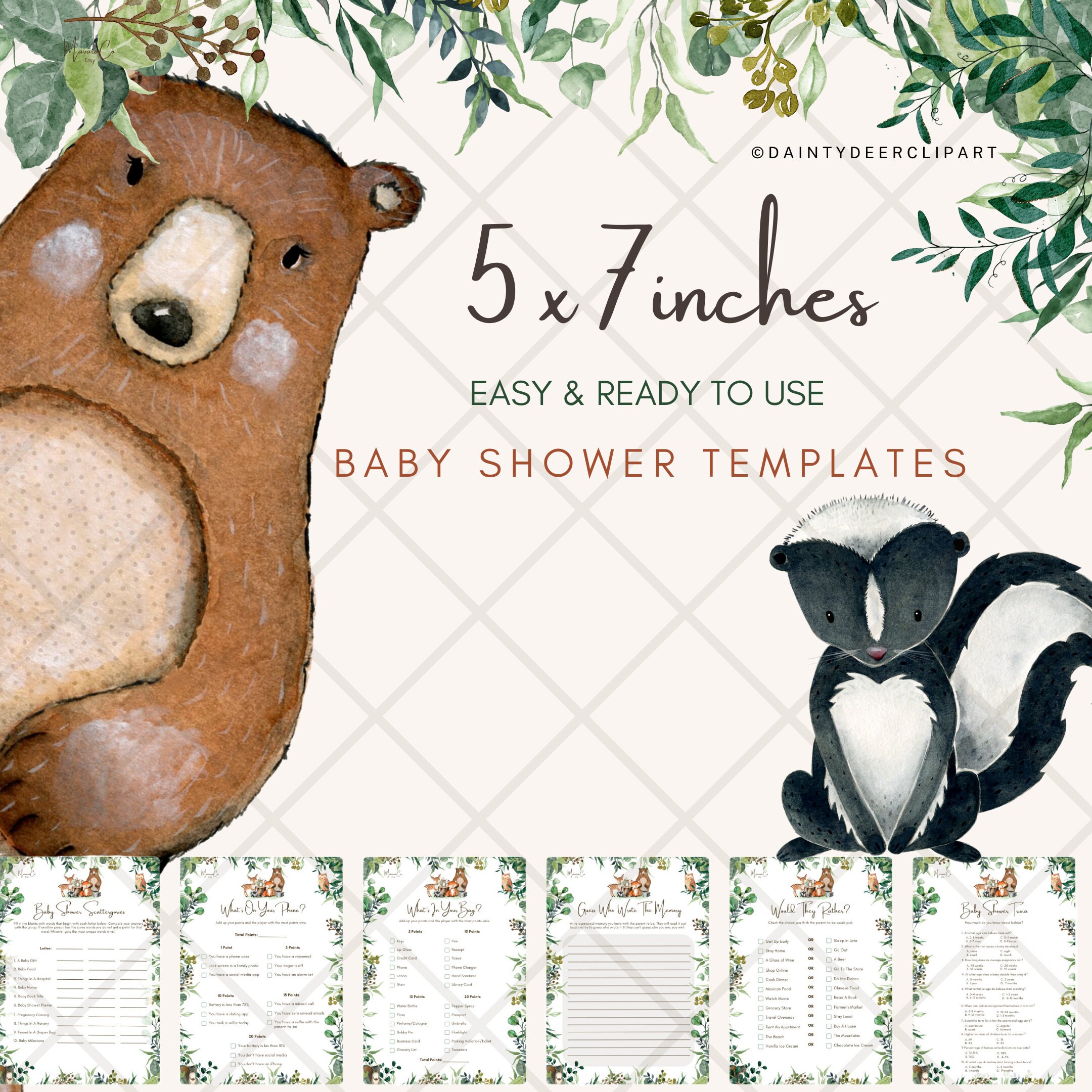 Woodland Animals Baby Shower Game Bundle, Digital Template, Forest ...
