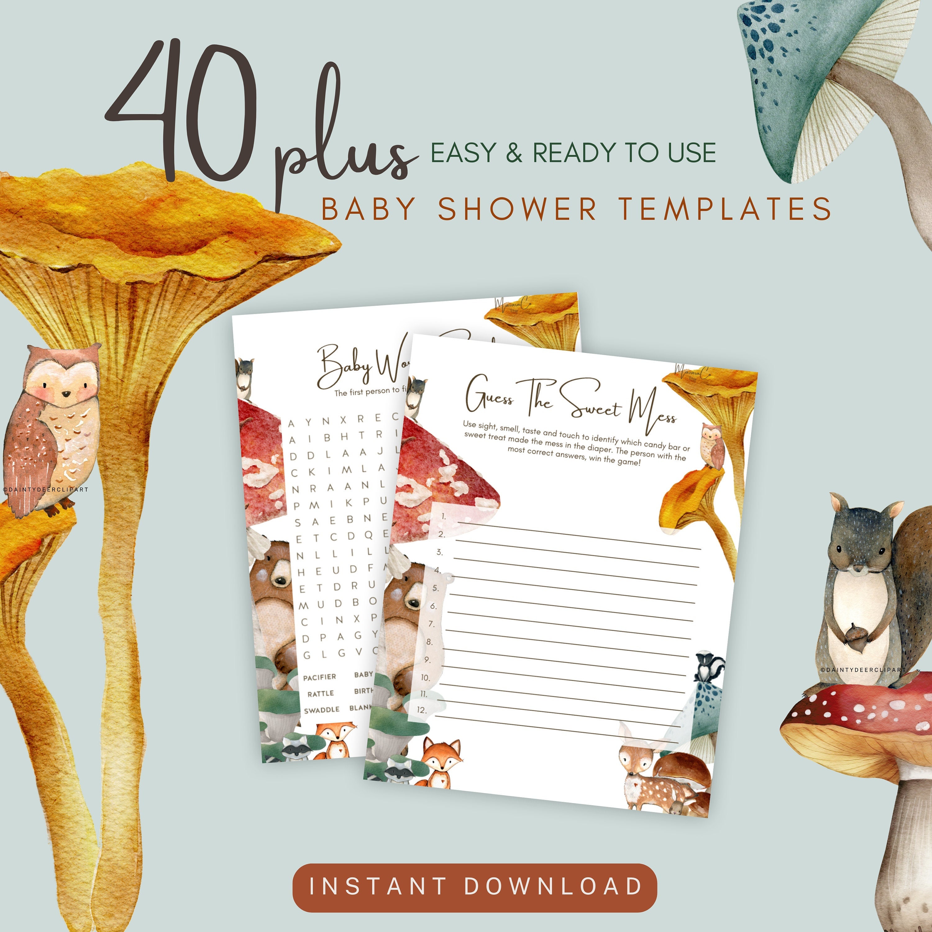 Woodland Animals Baby Shower Game Bundle, Digital Template, Mushroom ...