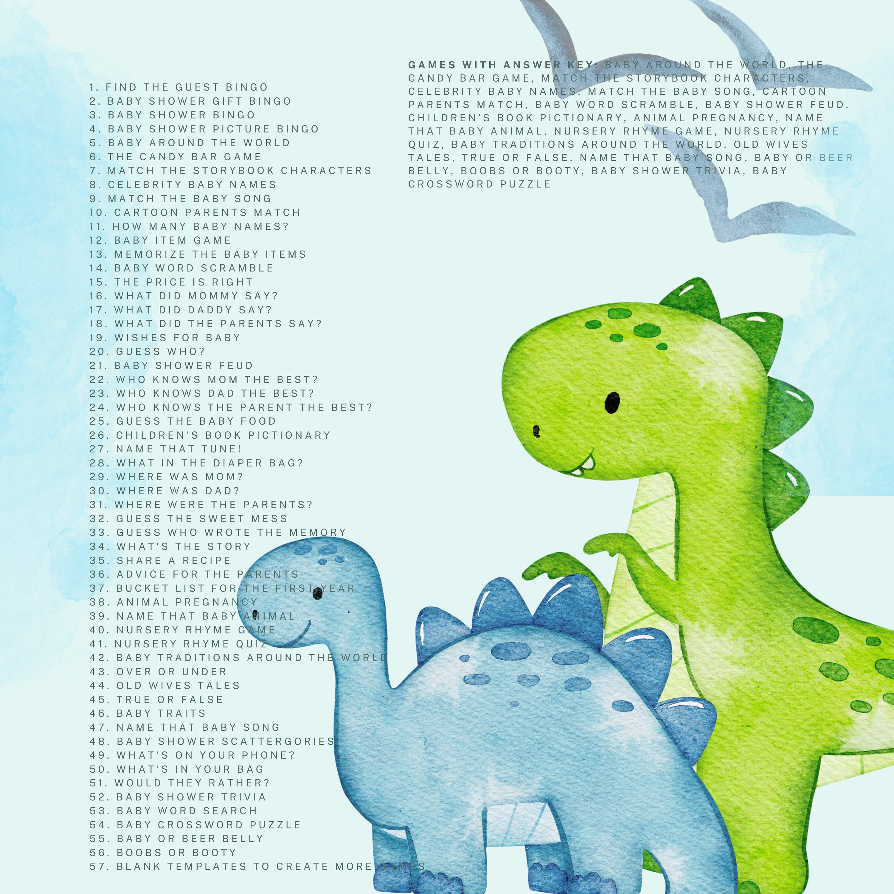 Dinosaur Baby Shower Game Bundle, Digital Template, Ready to Use 5x7 ...