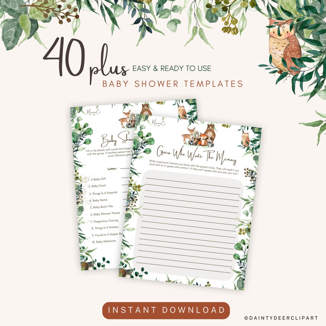 Woodland Animals Baby Shower Game Bundle, Digital Template, Forest ...