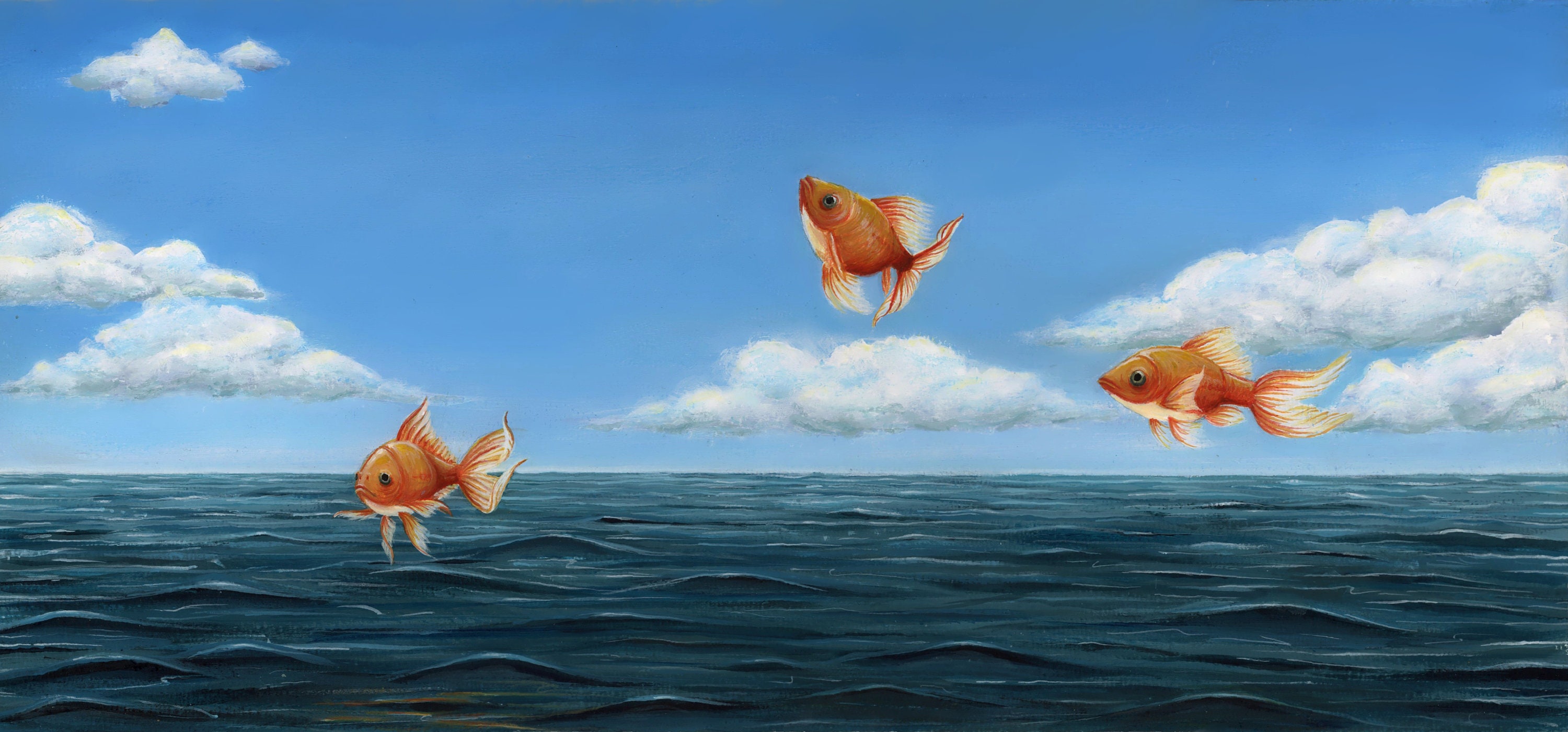 Painting of Orange Aquarium Fish Floating/swimming Above a Calm Sea ...