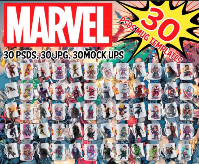 Marvel Mug Pack Sublimation Templates 30pdss, JPG, Templates, Mock Ups ...