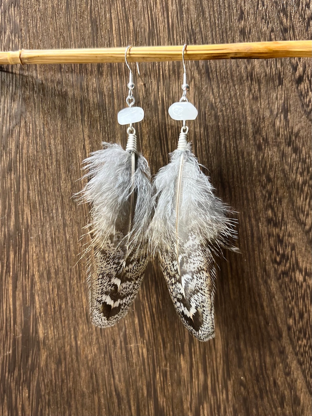 Real Feathers Earrings W/ Natural White Jade. Handmade Feathers & Stones Earrings. Unique ...