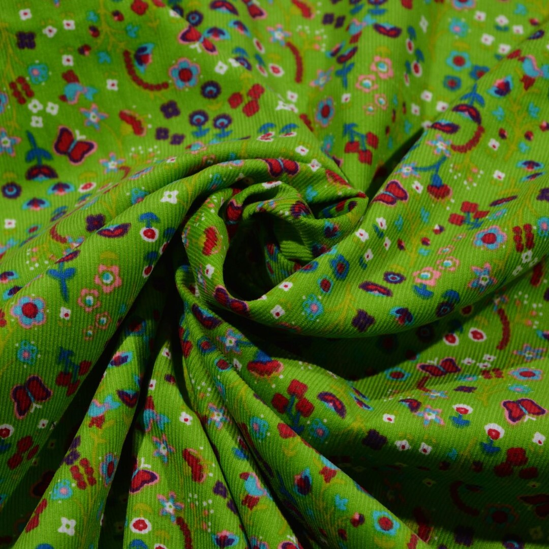 Fine Cord Cord Fabric Babycord Scattered Flowers Green - Etsy