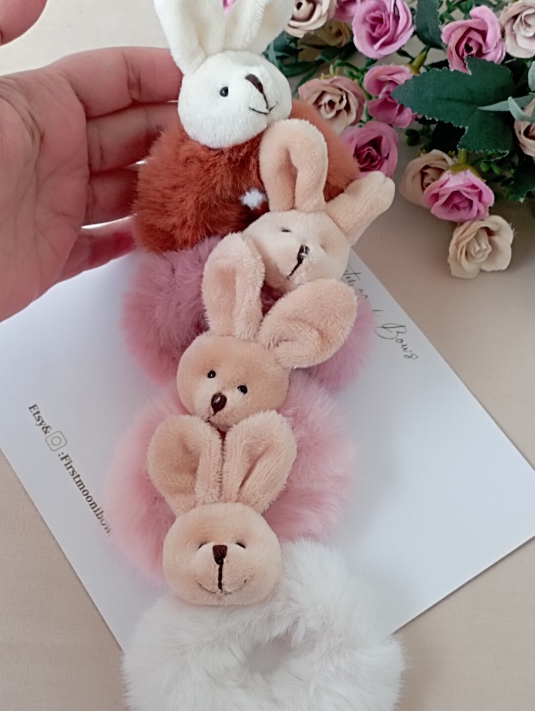 Cute Fluffy Rabbit Ear Hair Scrunchies, Fluffy Bunny Ear Hair Bow ...
