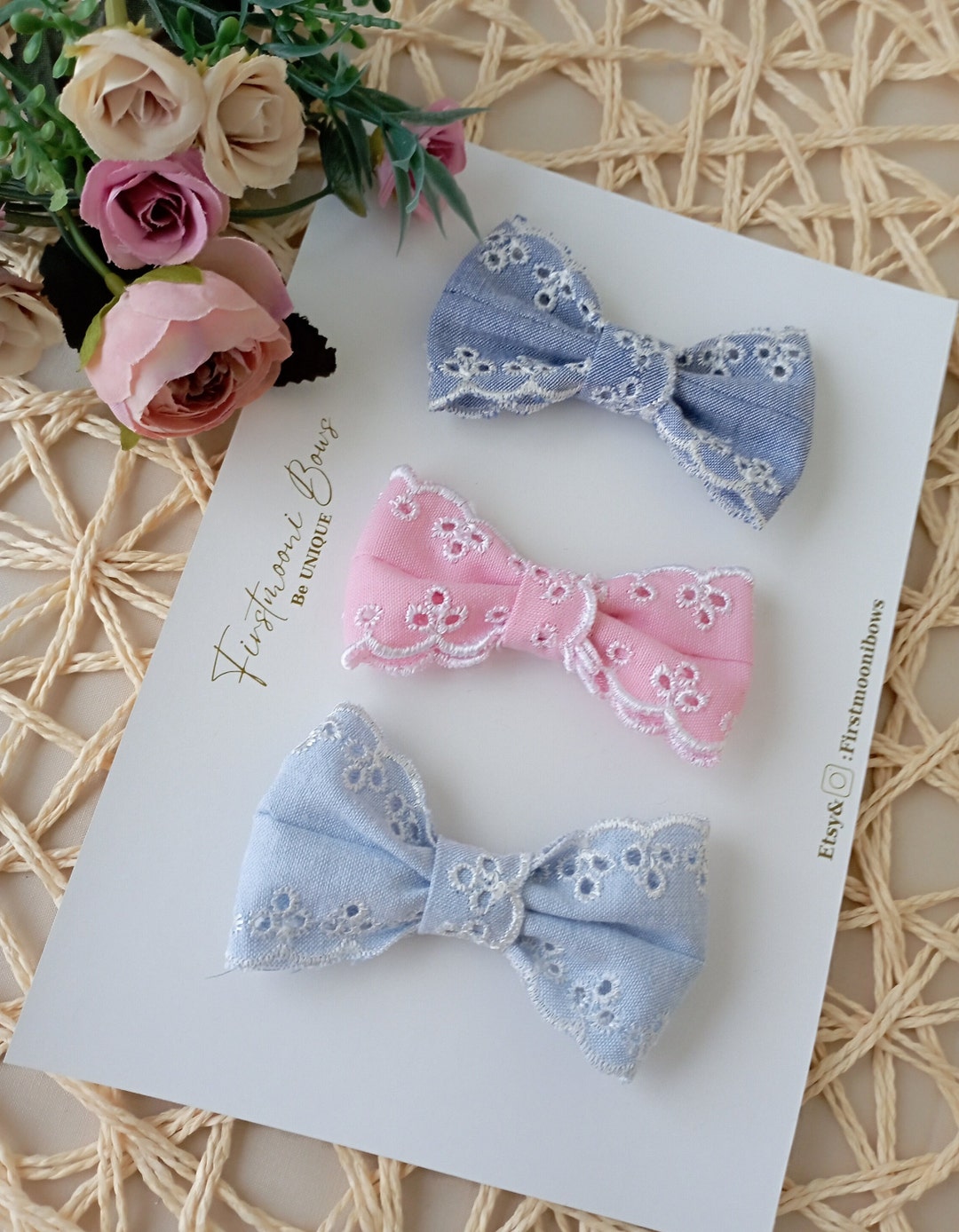 Set of 3 Bow, Eyelet Bow Set, Pink Bow, Blue Bow, Dark Blue Bow ...