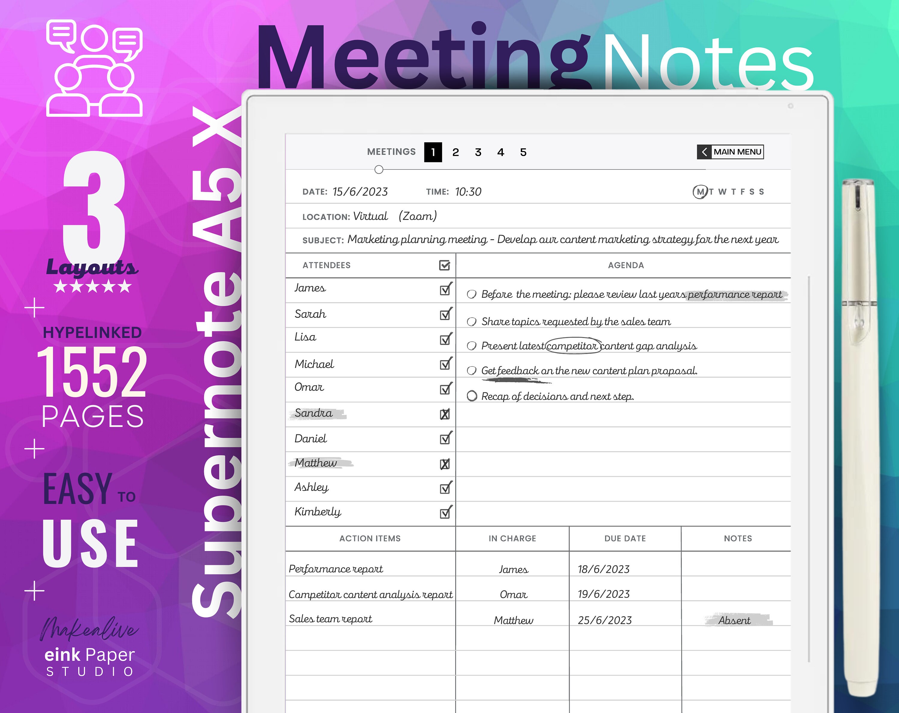 Supernote A5 X Meeting Notes Taking Template Eink Digital Planner Daily ...