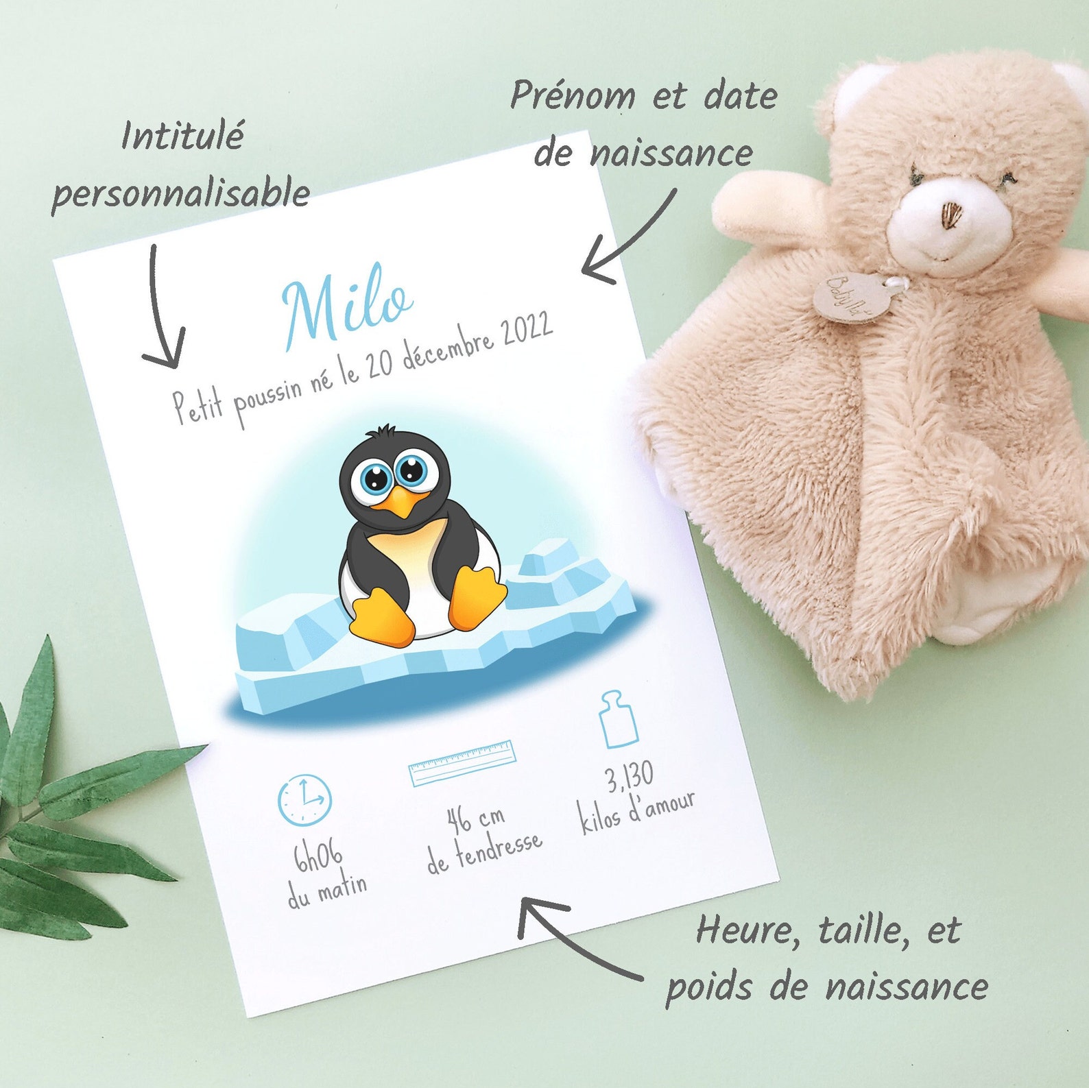Personalized Penguin on Iceberg Birth Print, Baby Name Frame, Nursery ...
