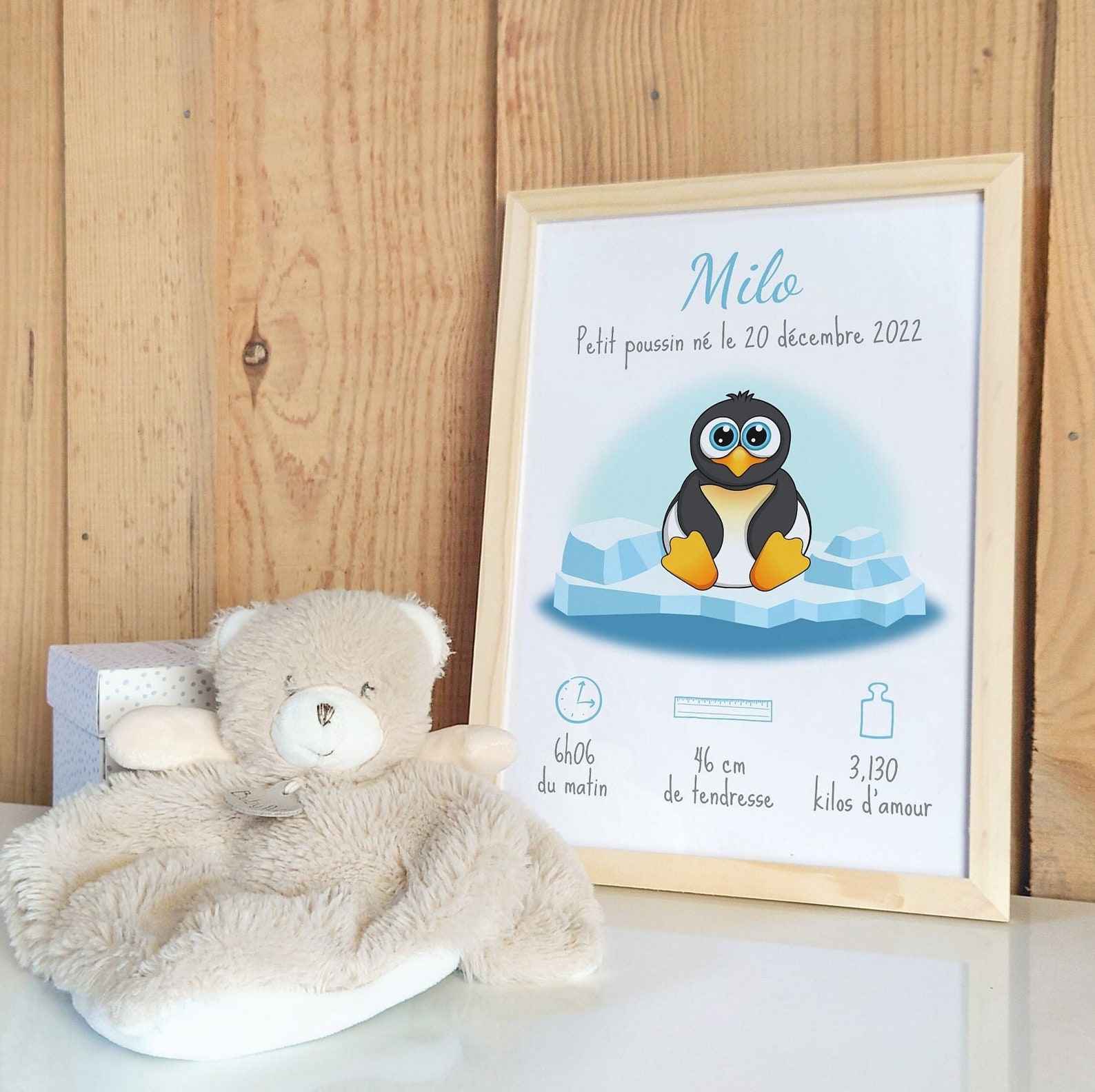 Personalized Penguin on Iceberg Birth Print, Baby Name Frame, Nursery ...