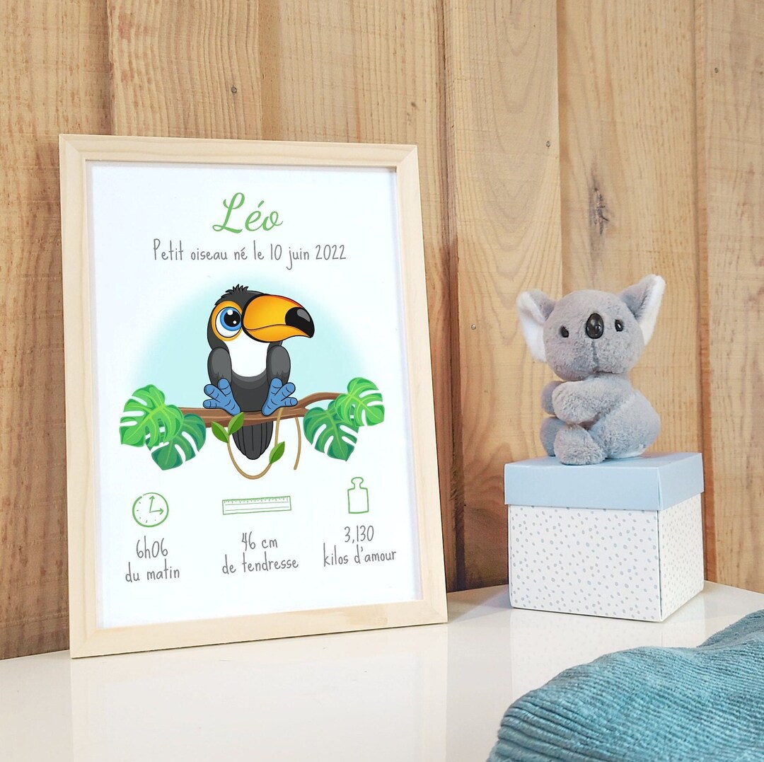 Personalized Birth Poster Toucan Bird, Jungle Decor Baby Room, Wooden ...