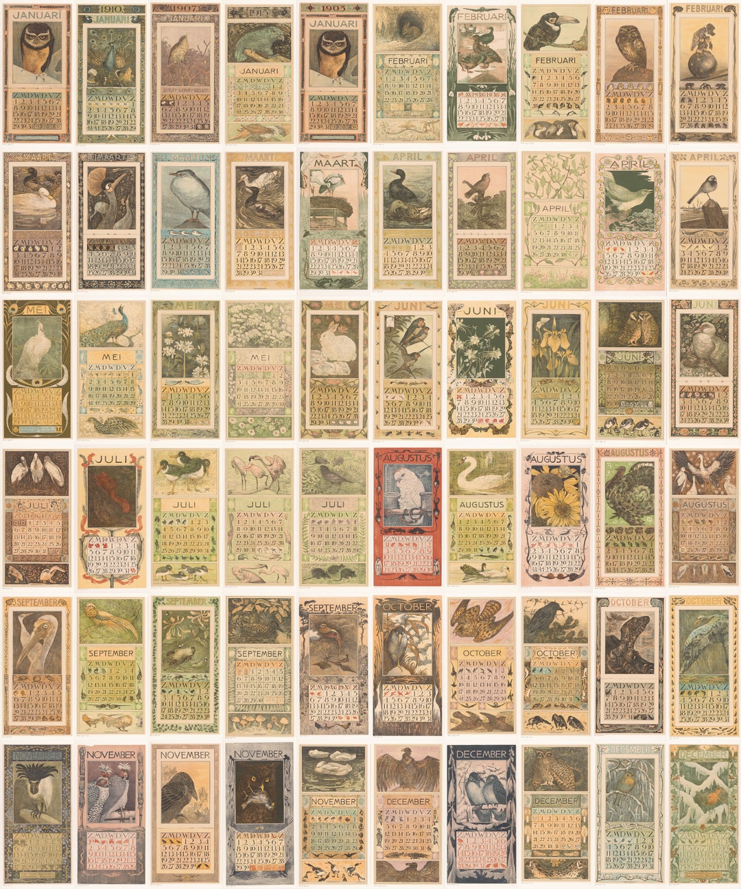 Calendar Art Prints, Old Aesthetic Calendar Design,animal and Botanic ...