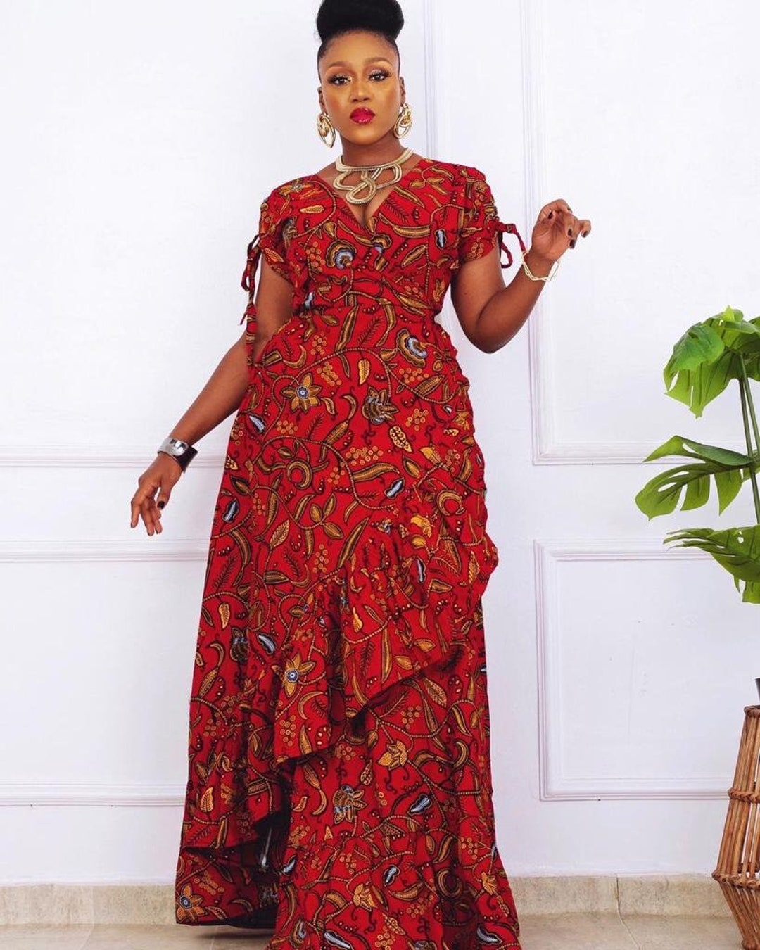 Red African Ankara Print Long Dress With Free Headwrap and Nose Mask ...