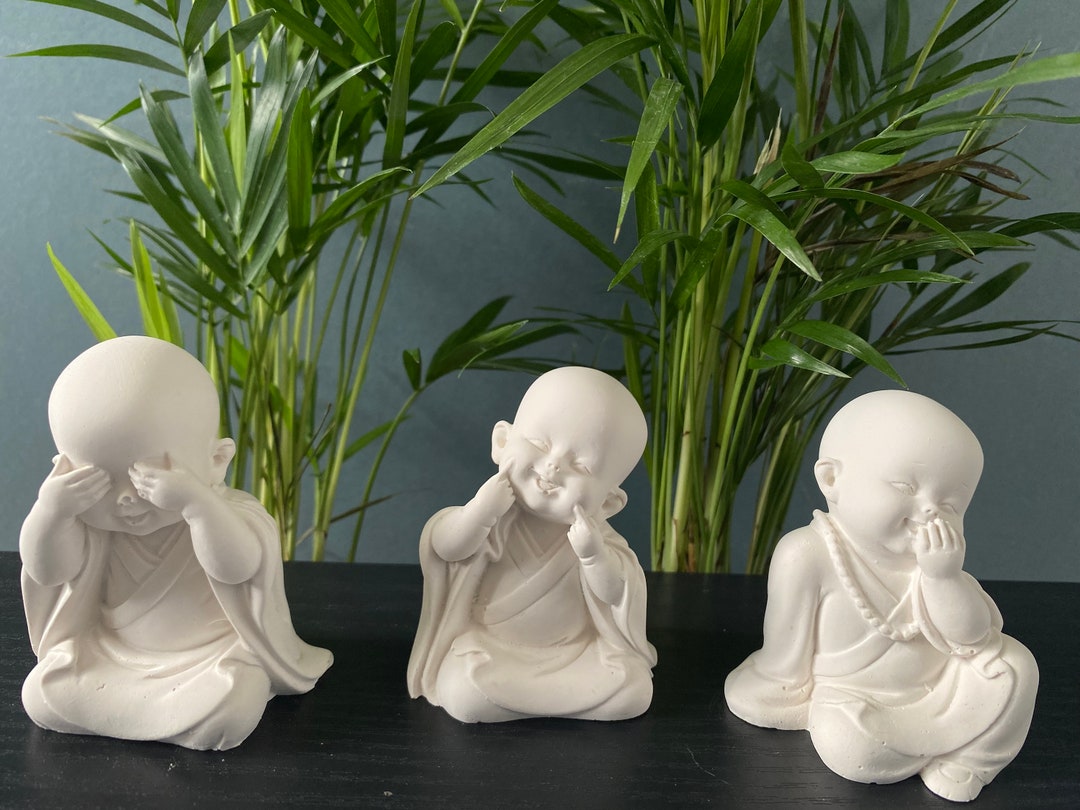 Set of 3 Lucky Monks Sculptures, Happy Sitting Buddha Ornament, Statue ...
