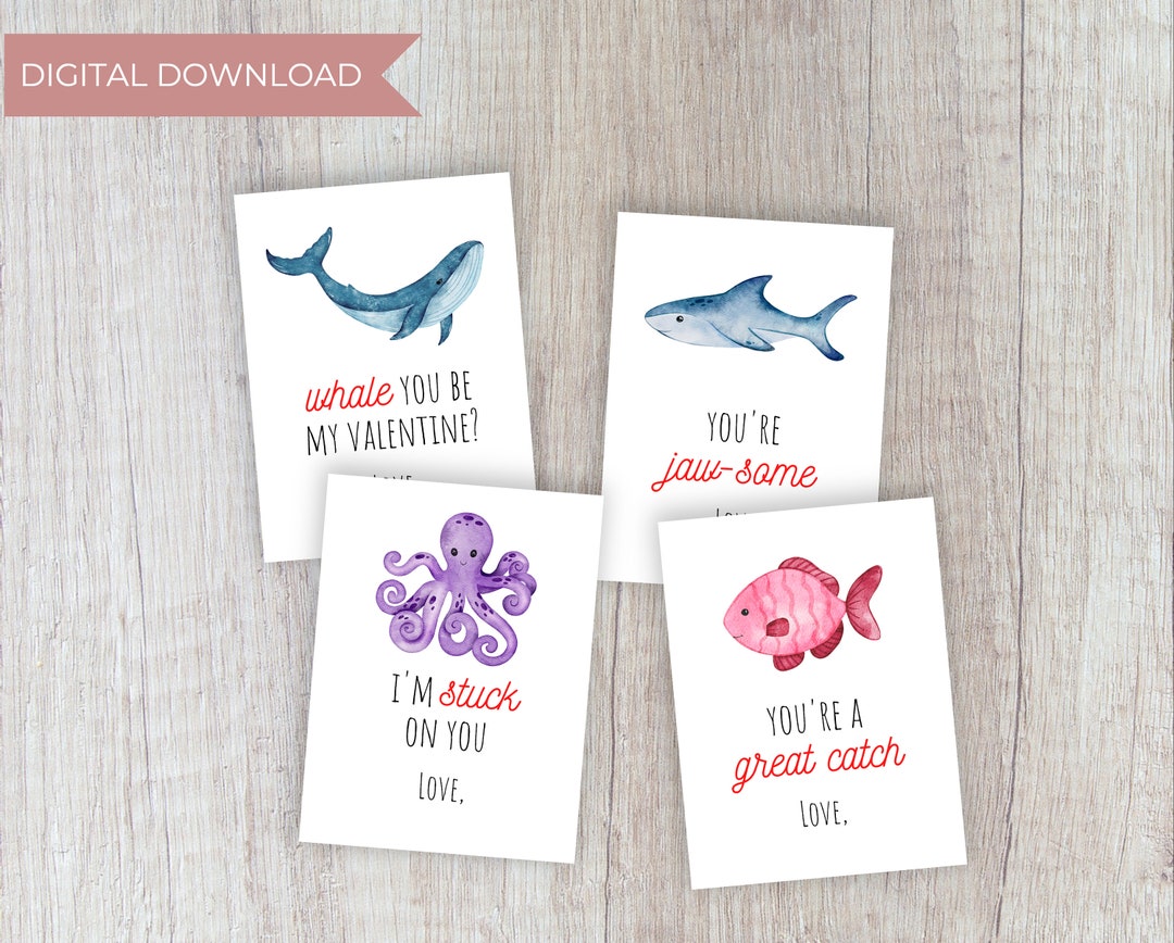 Cute Sea Creature Valentine's Day Cards | Digital Download Class Kid ...