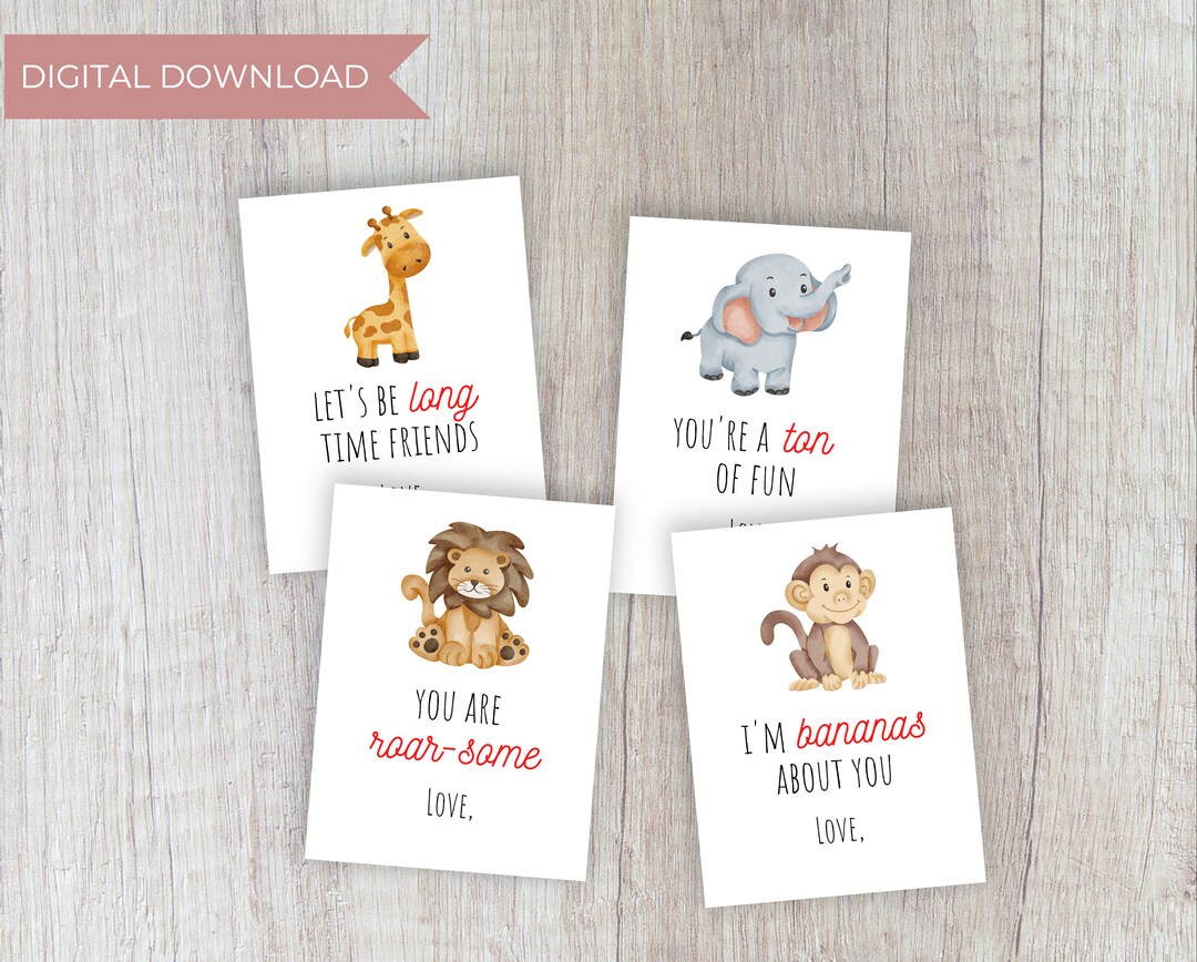 Cute Safari Animal Valentine's Day Cards | Digital Download Class Kid ...