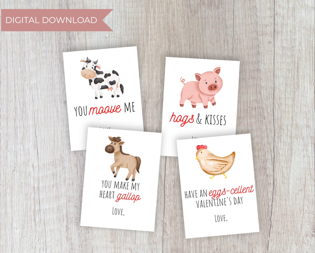 Cute Farm Animal Valentine's Day Cards | Digital Download Class Kid ...