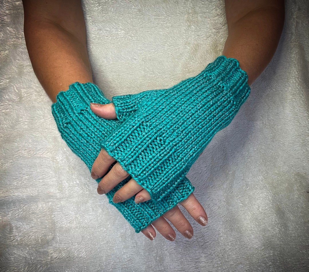Hand-knit Fingerless Mittens | Teal With Reflective Thread - Etsy