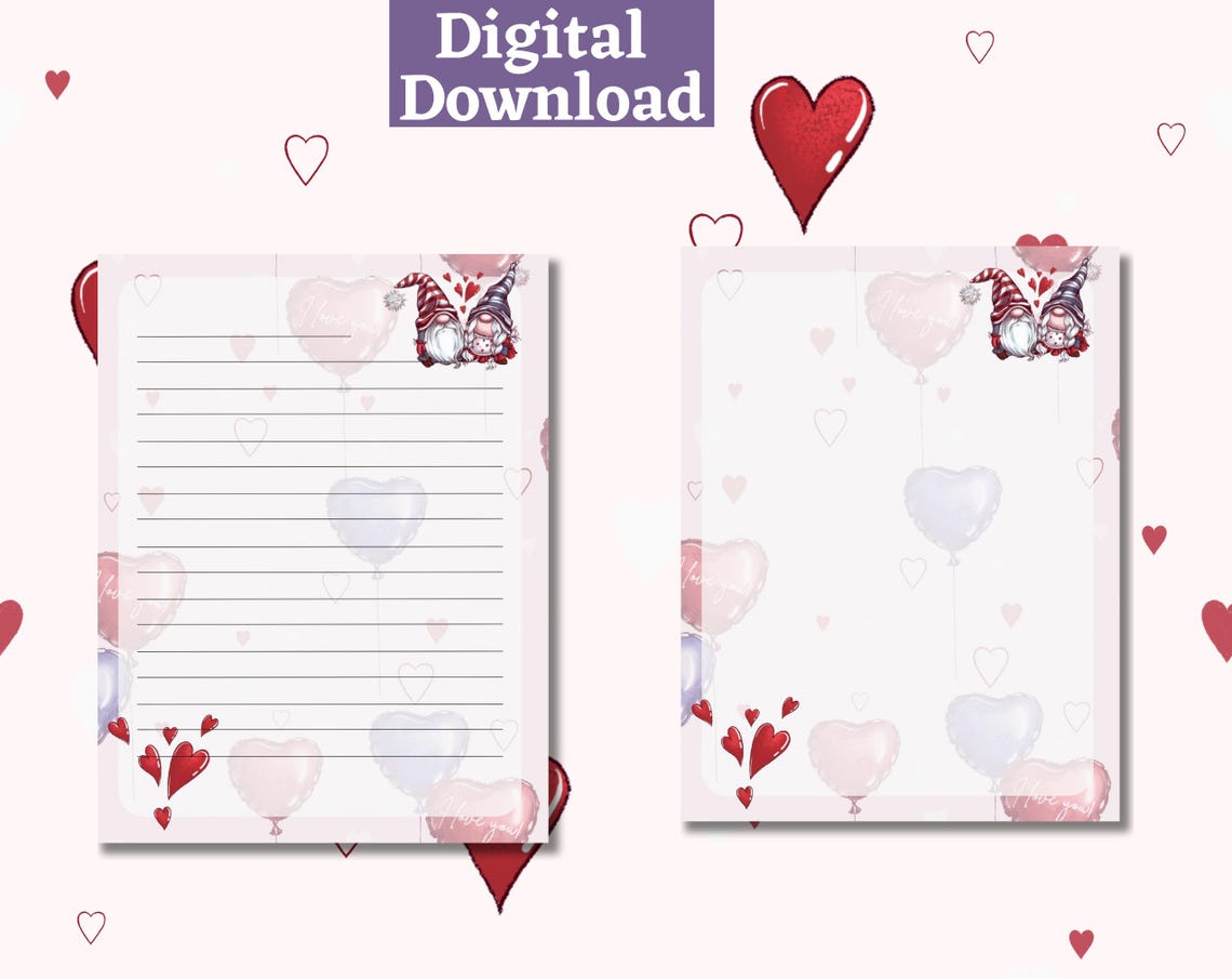 Love Gnomes Valentine Printable Stationery Set | US Letter Size Pdf ...