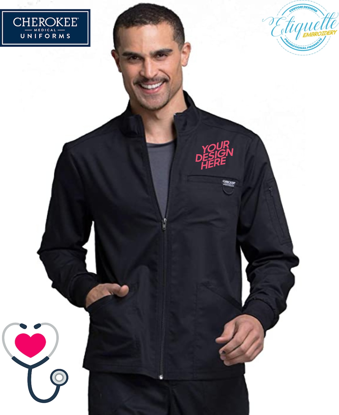 Cherokee Men's Scrubs Jacket: Zip Front Workwear, Custom Embroidery - Etsy