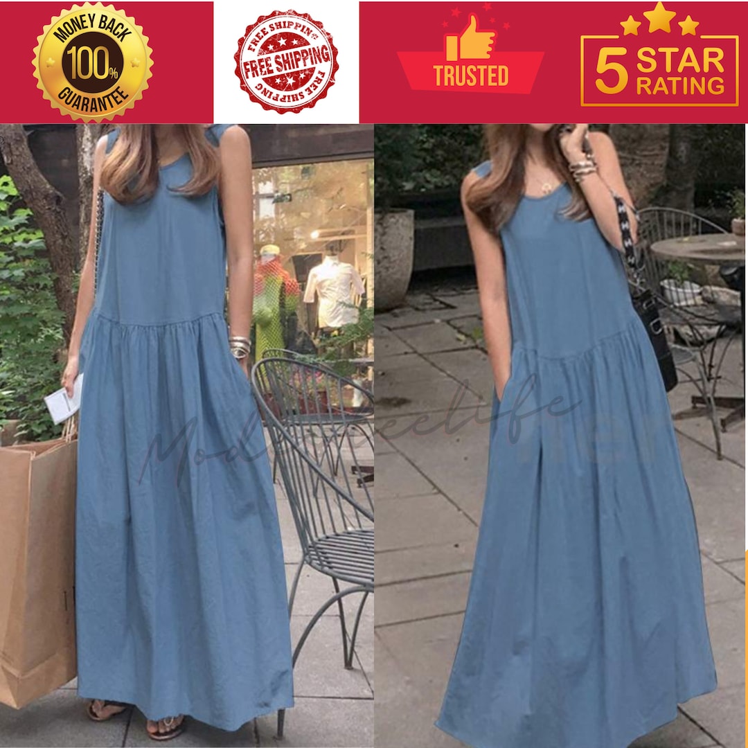 Women Cotton Denim Pleated Maxi Long Loose Fitting Dress Side Pockets ...