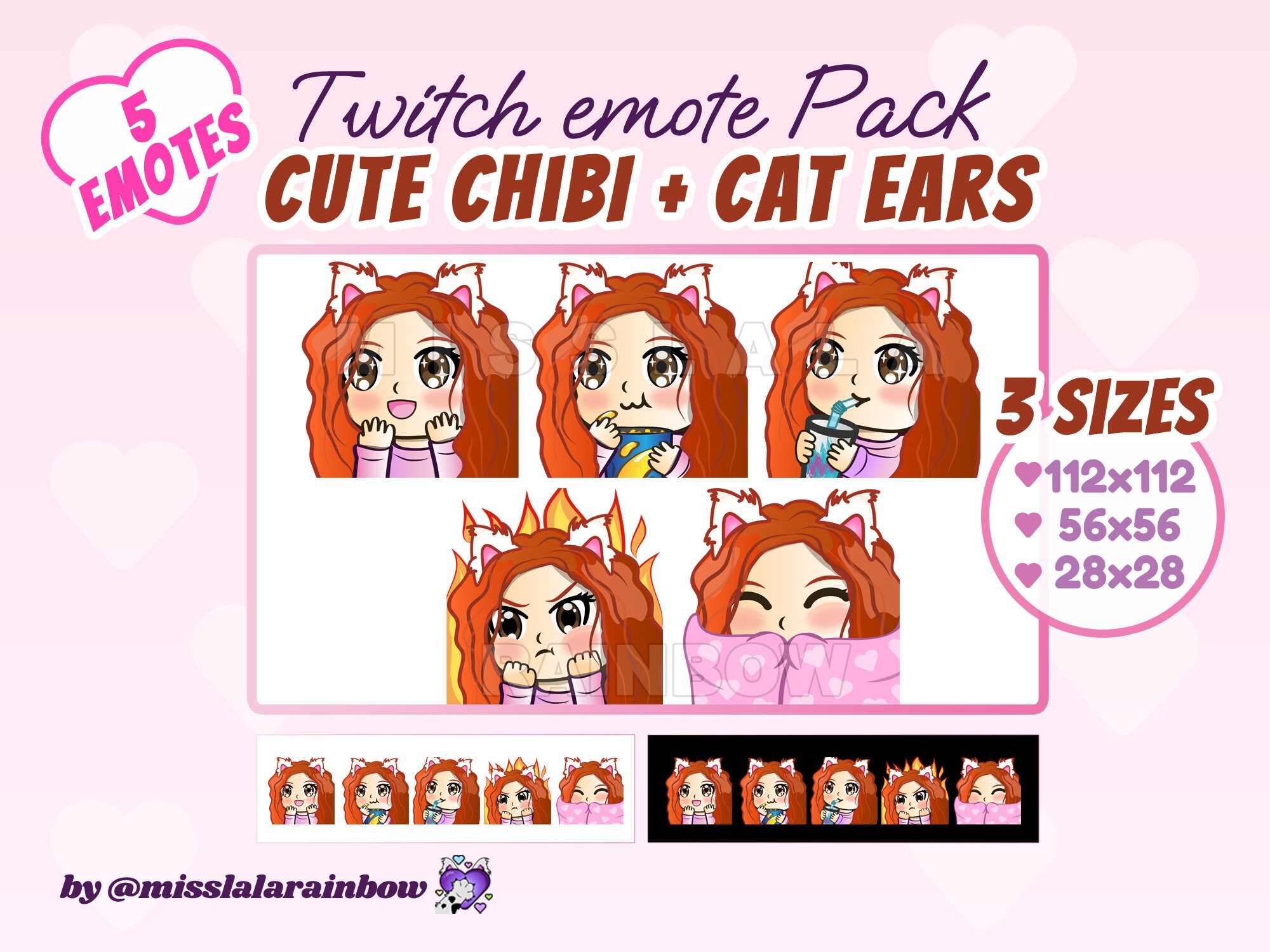 Pack of 5 Emotes! Cute Chibi Girl With Cat Ears and Curly Hair/ Red ...